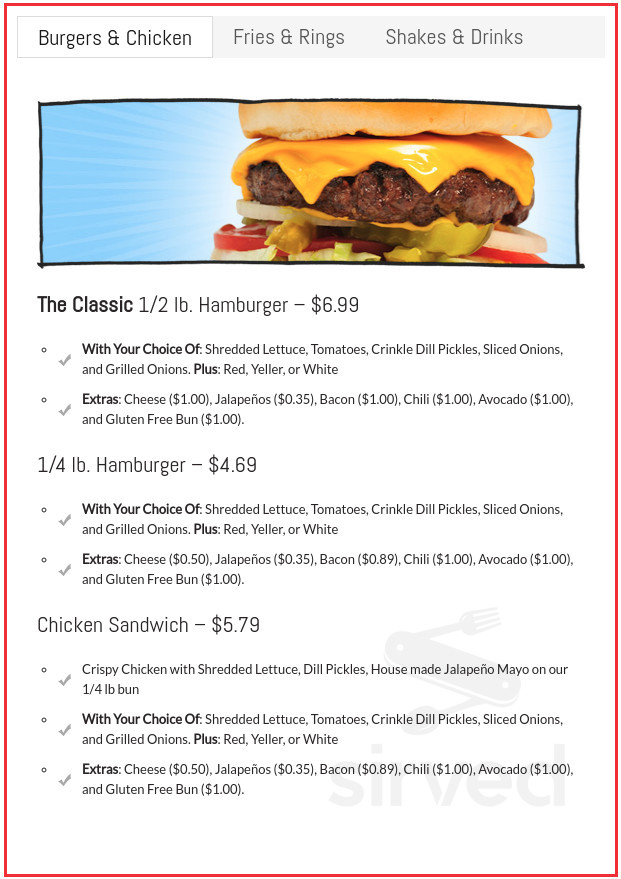 Menu for Mighty Fine Burgers in Spicewood, Texas, United States