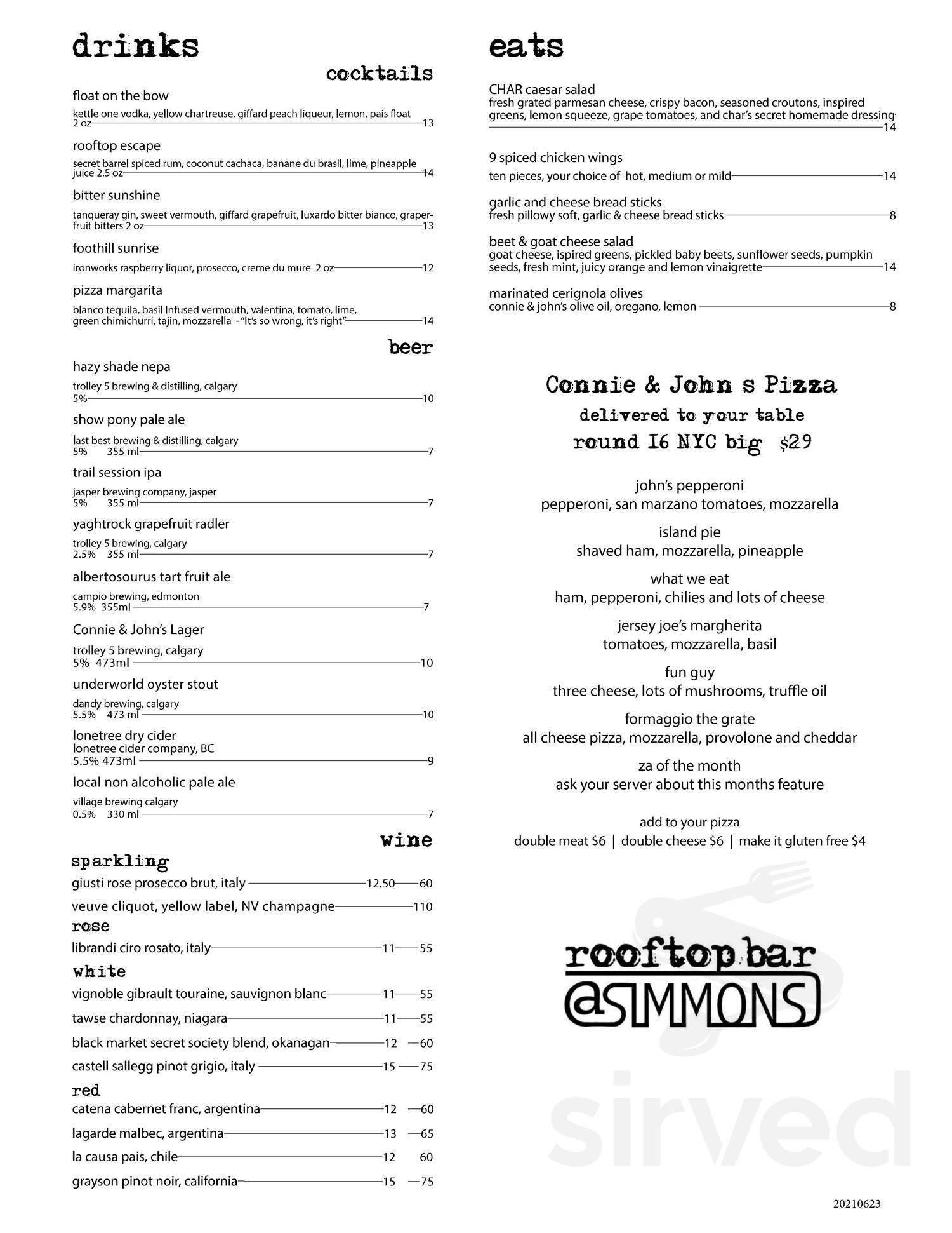 Simmons Rooftop Bar menu in Calgary, Alberta, Canada