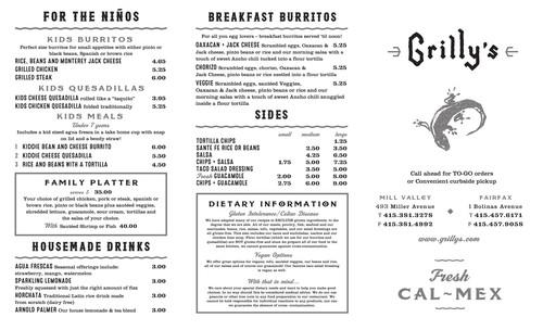 Grilly's menu in Mill Valley, California, USA