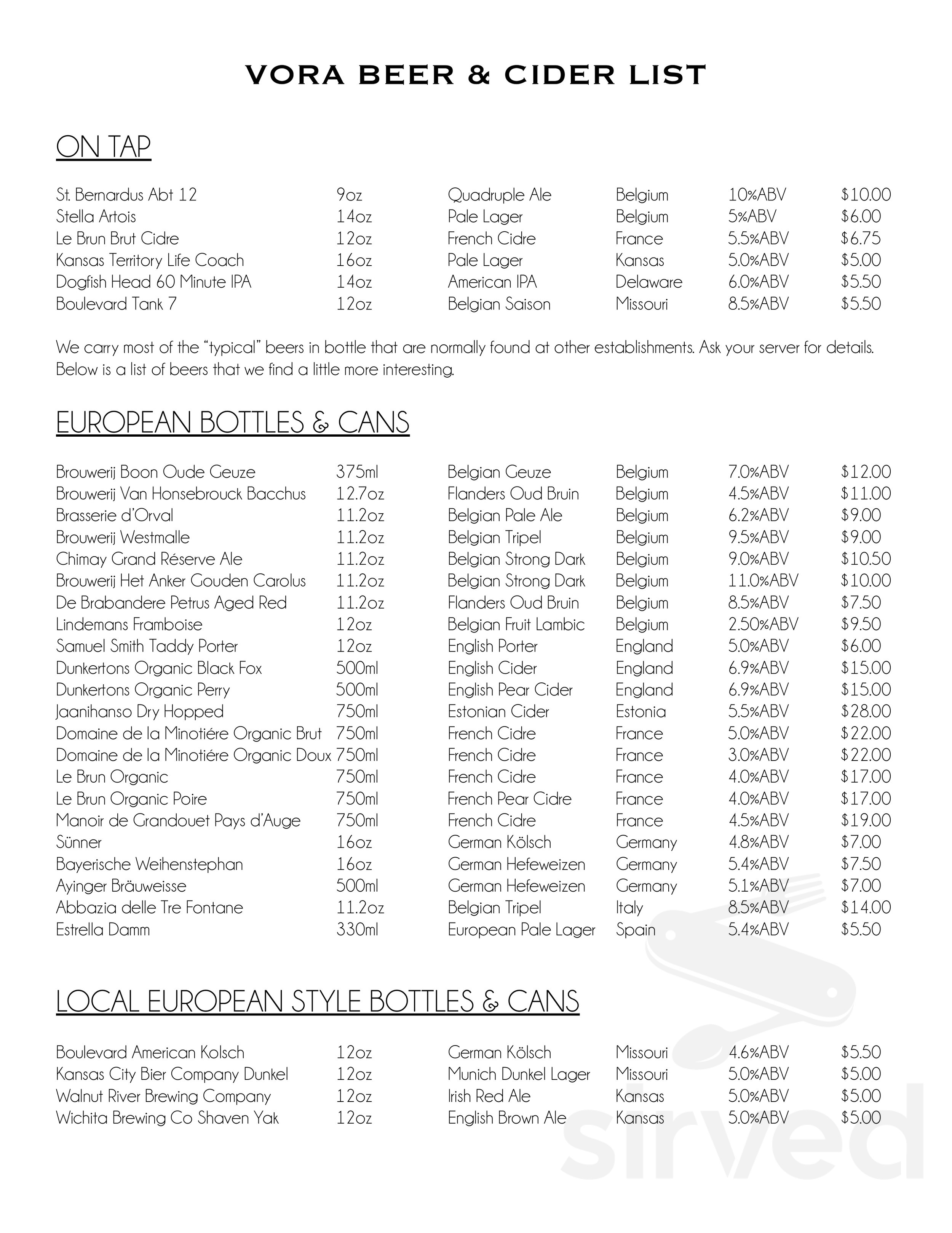 Vora Restaurant European menu in Wichita, Kansas, USA