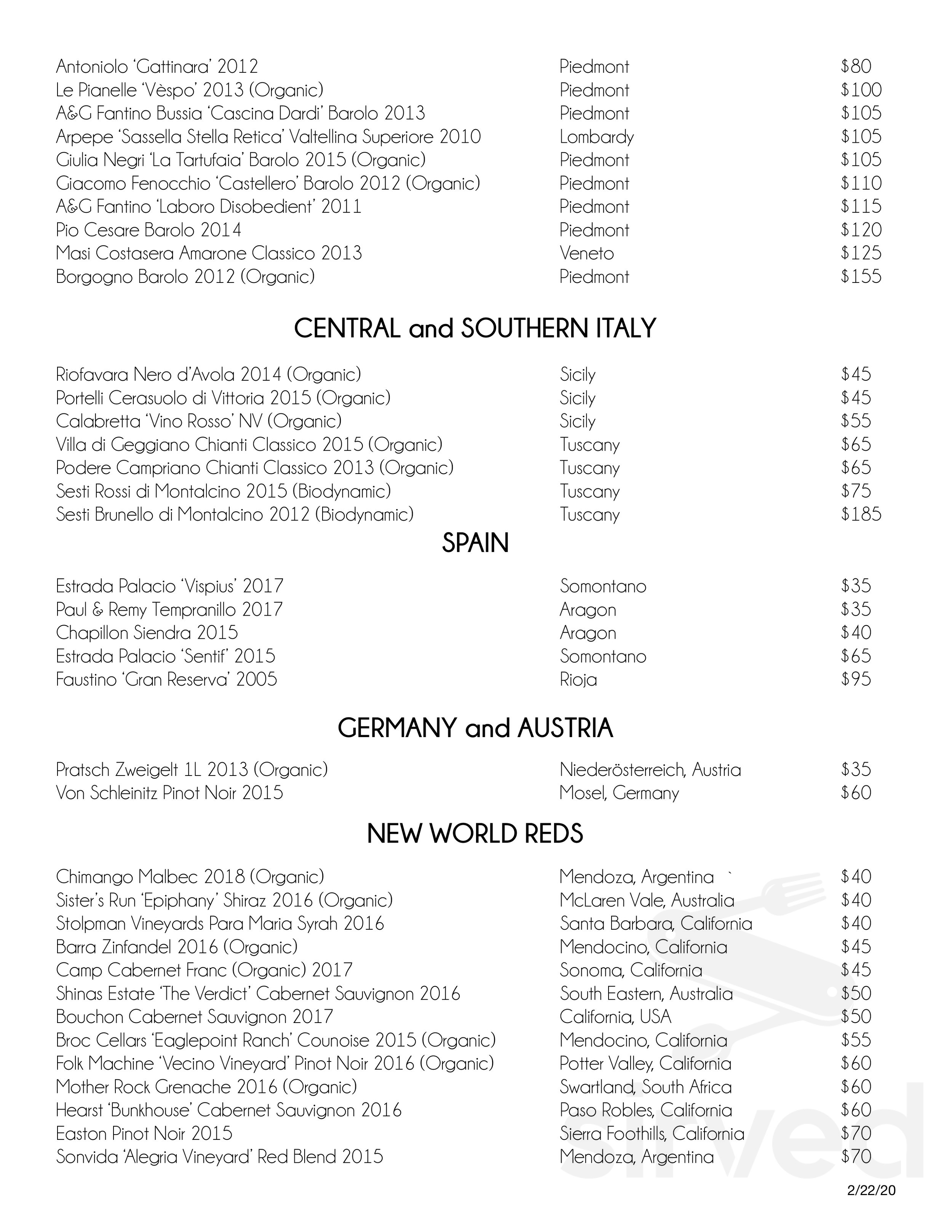 Vora Restaurant European menu in Wichita, Kansas, USA