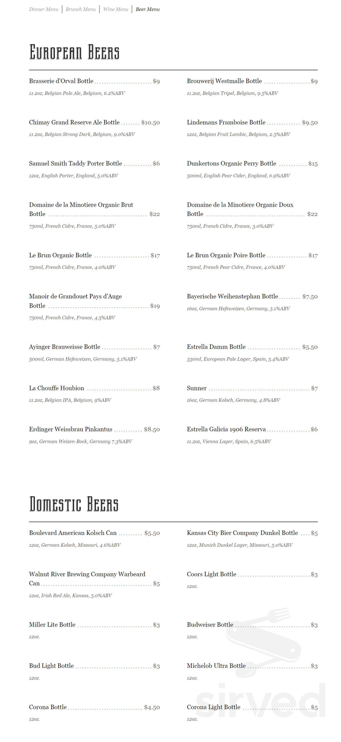 Vora Restaurant European menu in Wichita, Kansas, USA