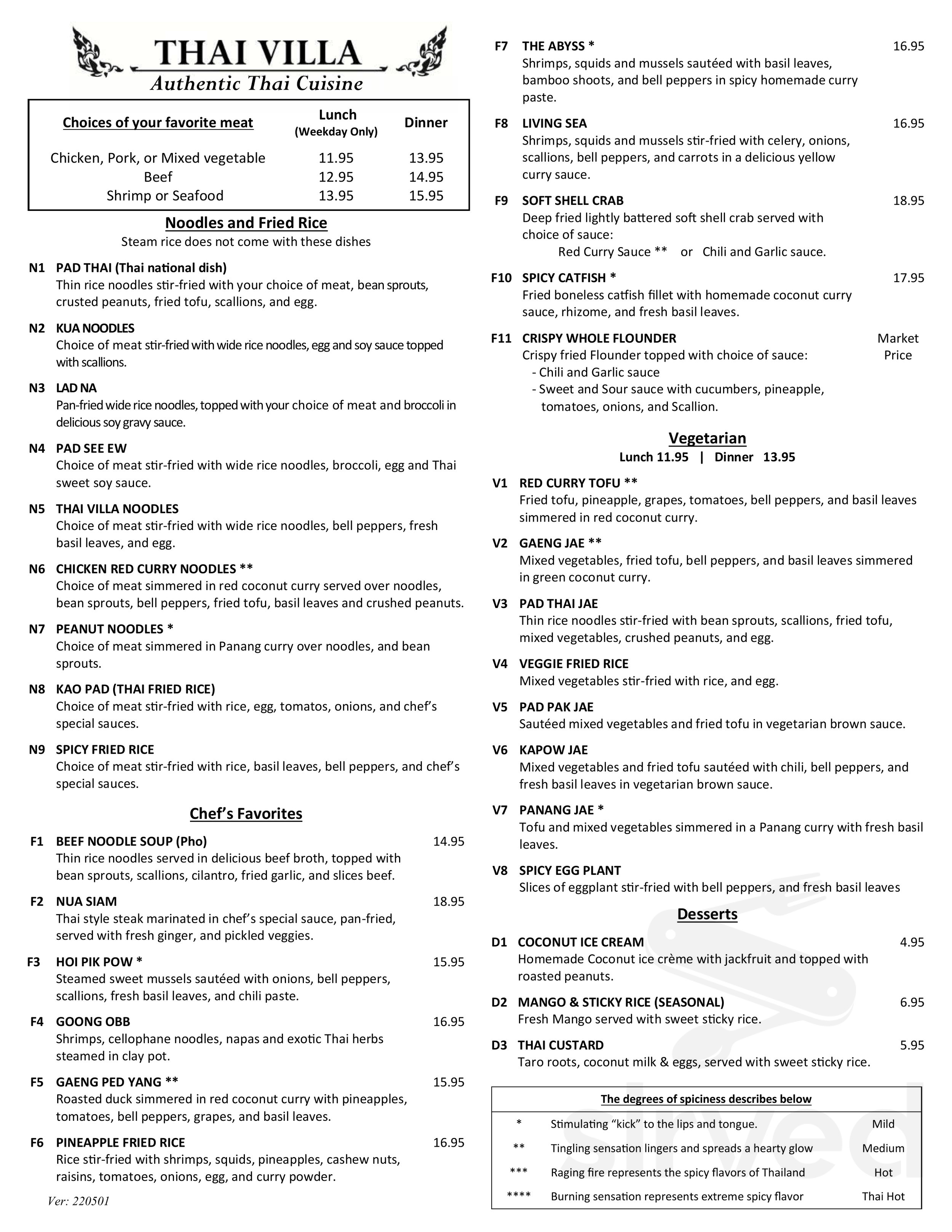 Thai Villa Restaurant menu in Raleigh, North Carolina, USA