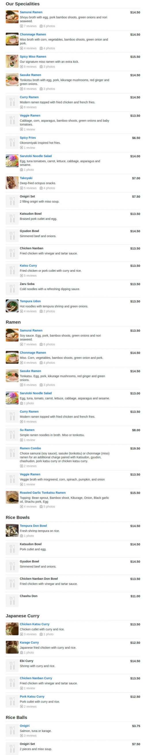 Chonmage Japanese Restaurant menu in San Rafael, California, USA
