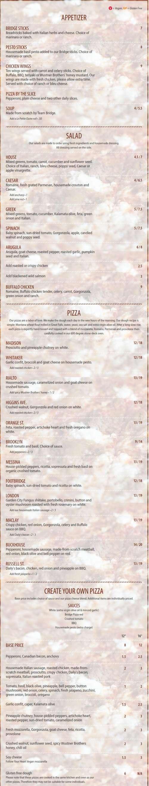Bridge Pizza menu in Missoula, Montana, USA