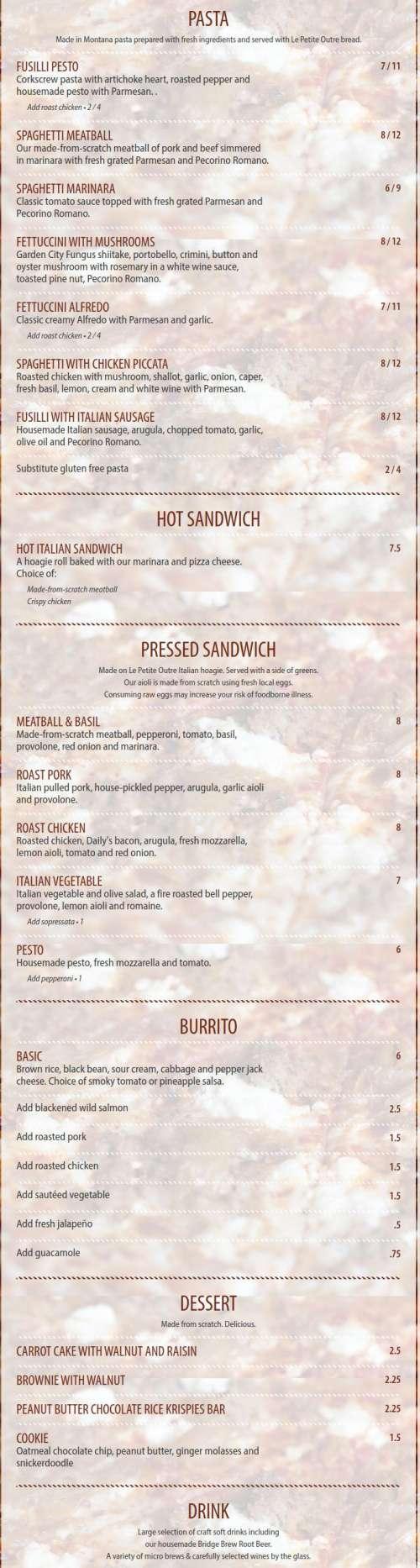 Bridge Pizza menu in Missoula, Montana, USA