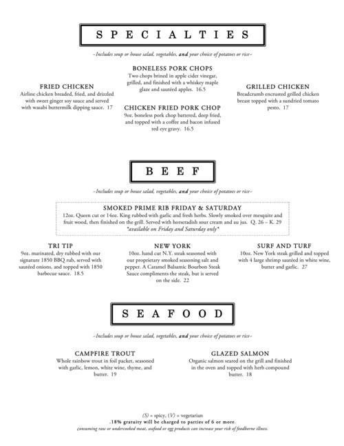 1850 Restaurant and Brewery menu in Mariposa, California, USA