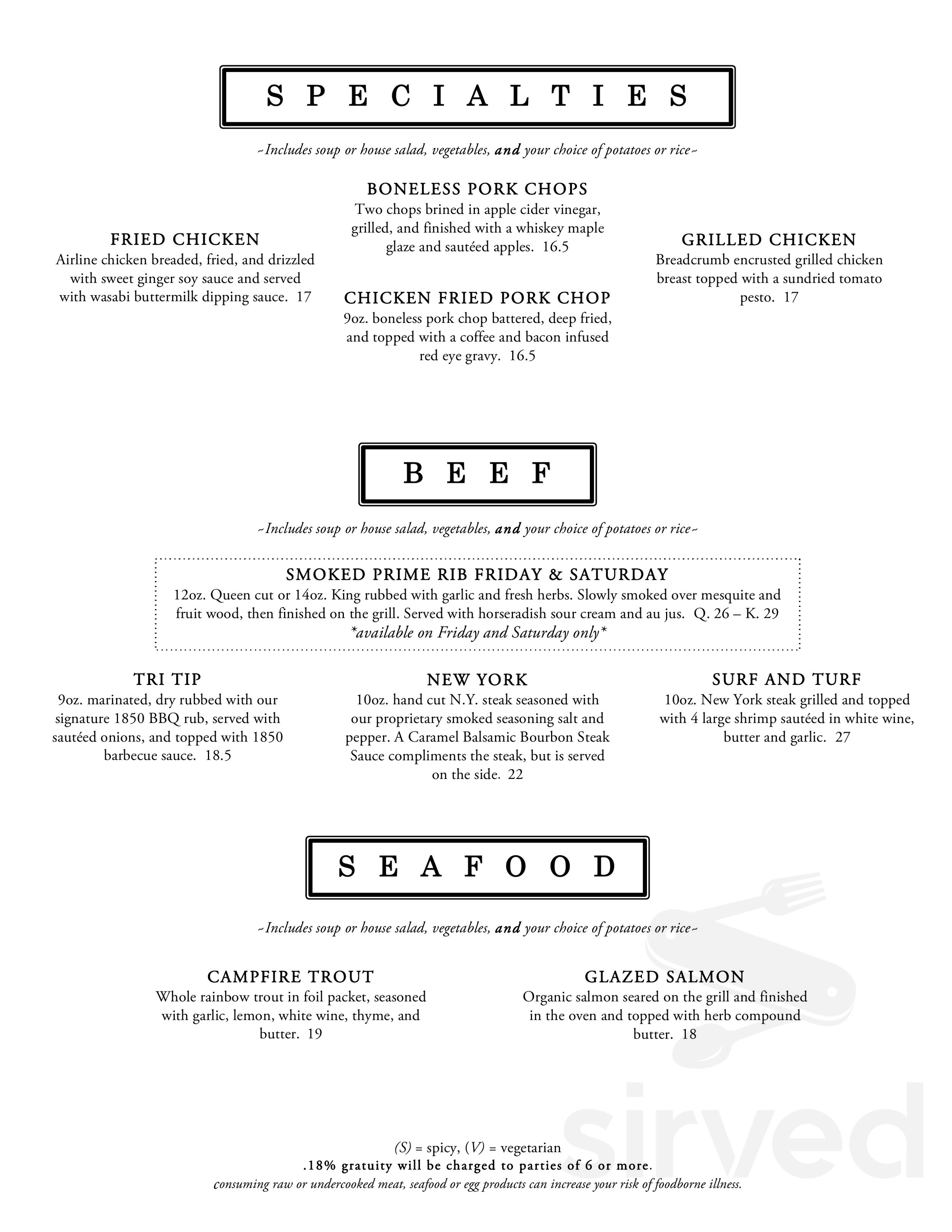 1850 Restaurant and Brewery menu in Mariposa, California, USA