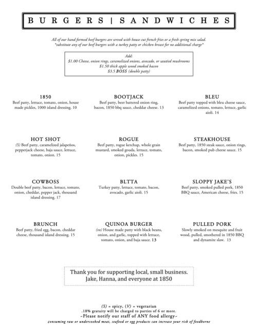 1850 Restaurant and Brewery menu in Mariposa, California, USA