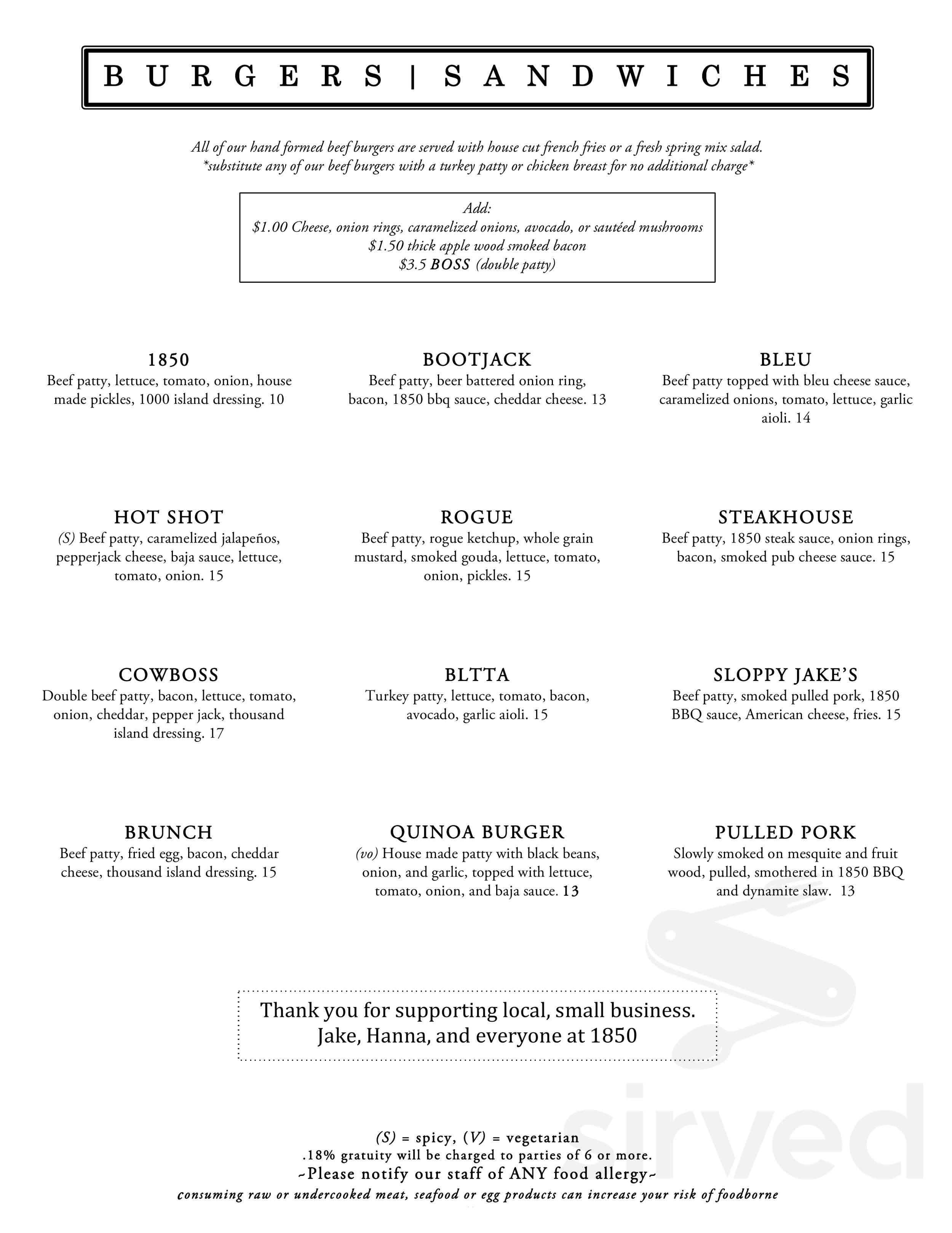 1850 Restaurant and Brewery menu in Mariposa, California, USA