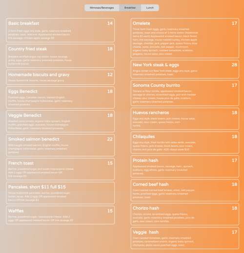 Cafe Mimosa menu in Petaluma, California, USA