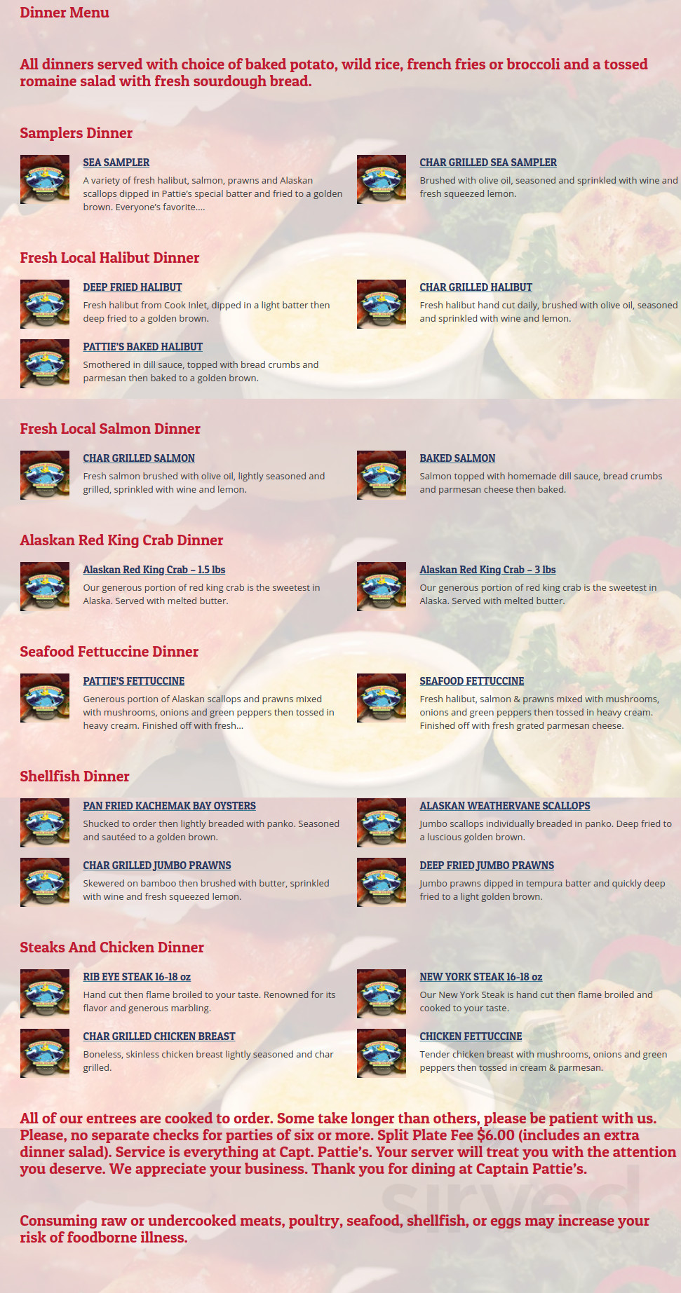 Captain Pattie's Fish House menus in Homer, Alaska, United States