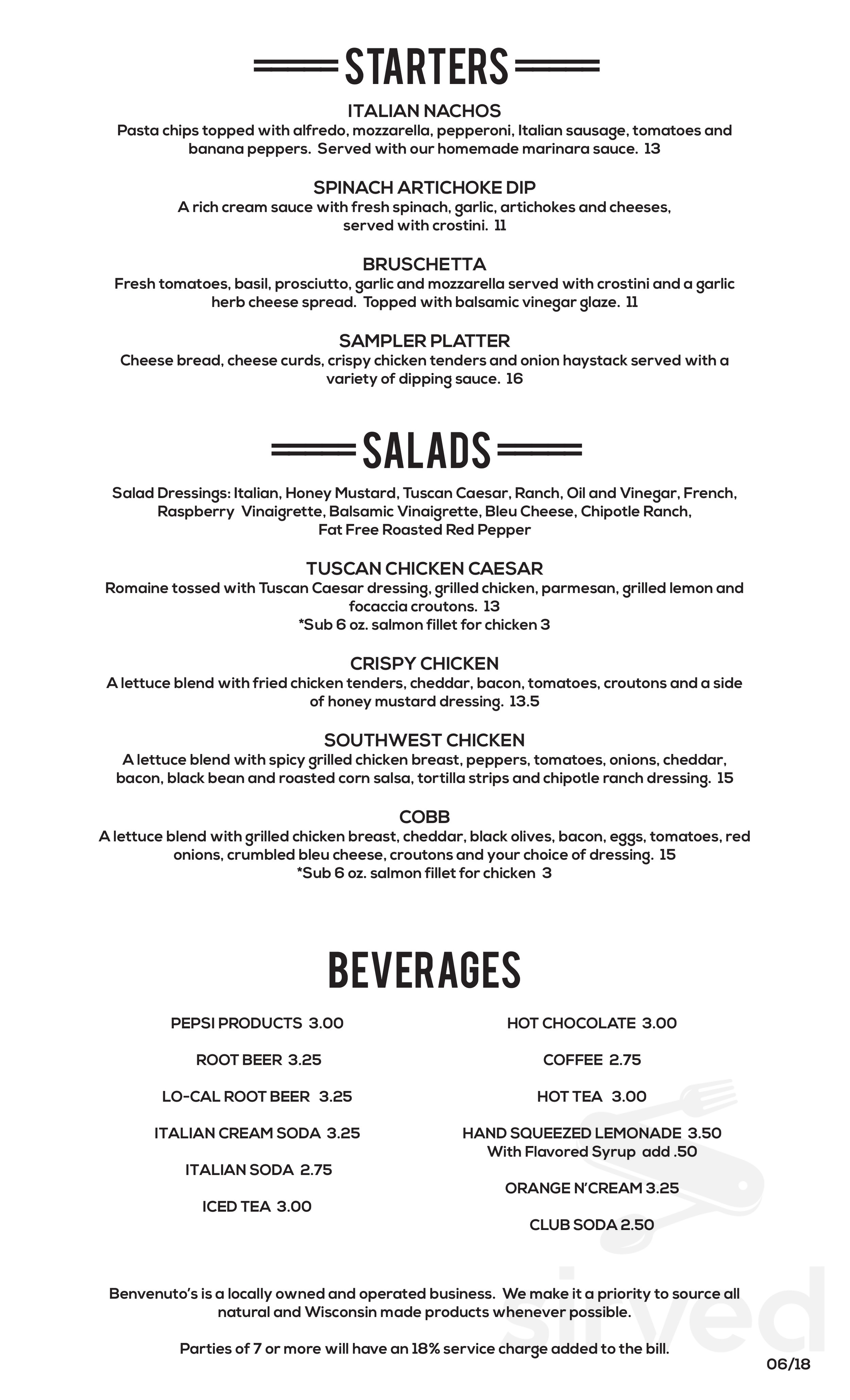 Benvenuto's Italian Grill menu in Fitchburg, Wisconsin, USA