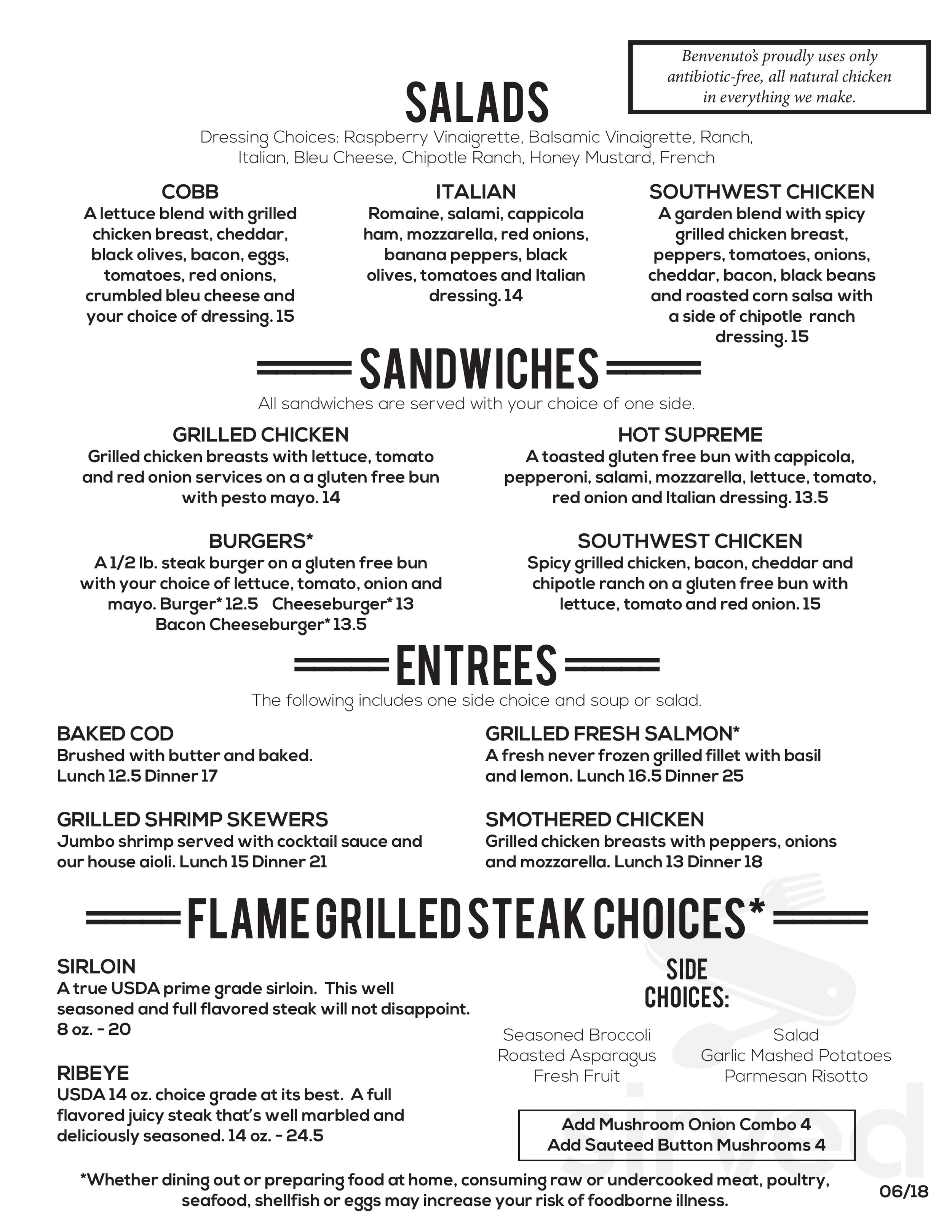 Benvenuto's Italian Grill menu in Beaver Dam, Wisconsin, USA