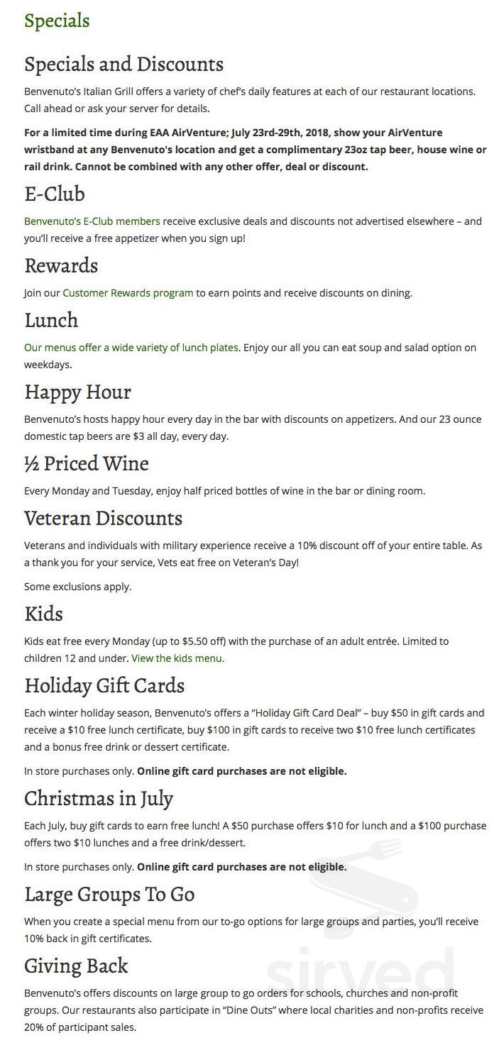 Benvenuto's Italian Grill menu in Beaver Dam, Wisconsin, USA