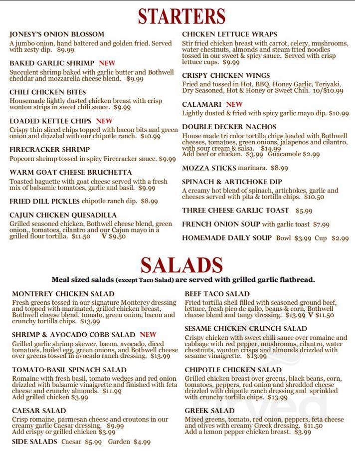 Jonesy's Restaurant + Lounge menu in East Saint Paul, Manitoba, Canada