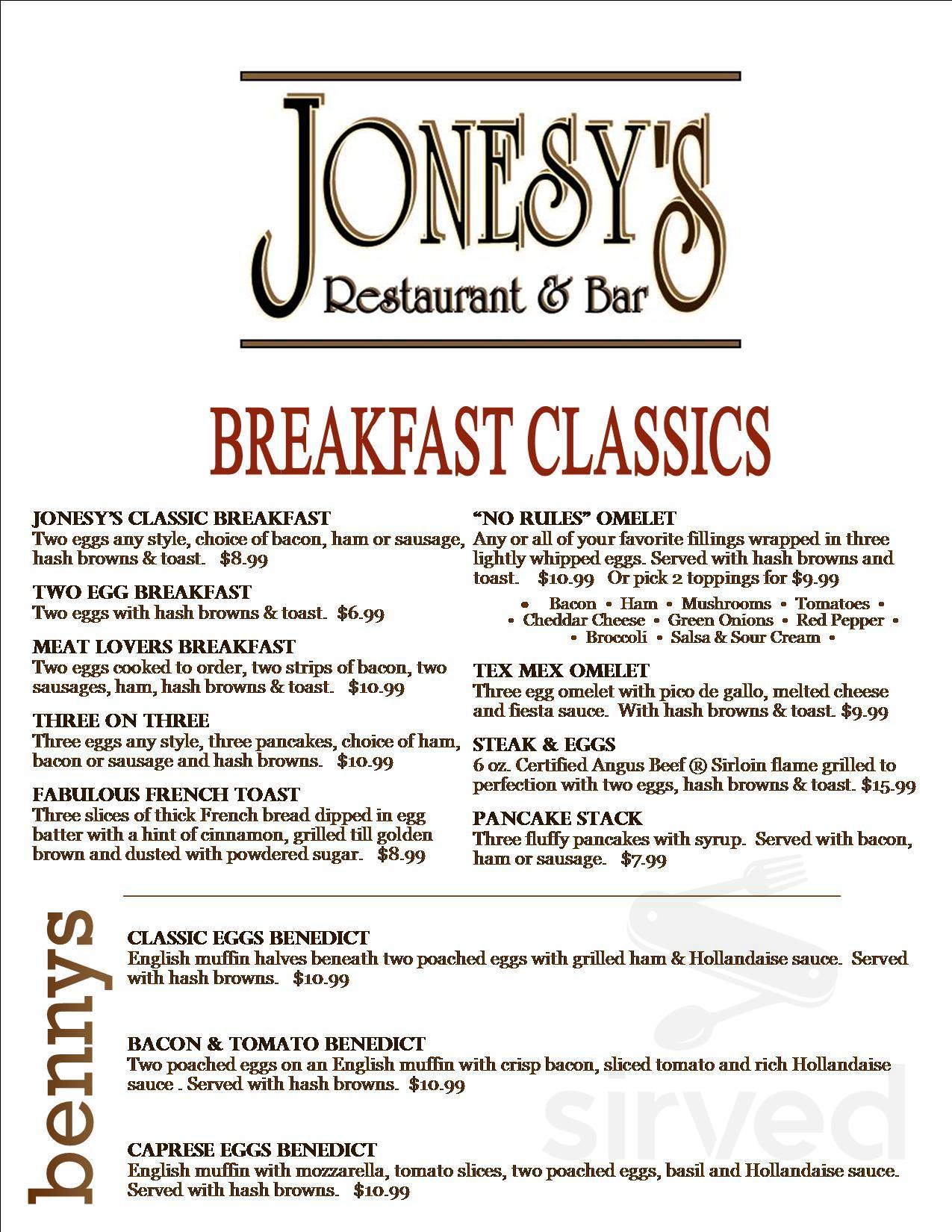 Menu for Jonesy's Restaurant + Lounge in East Saint Paul, MB | Sirved