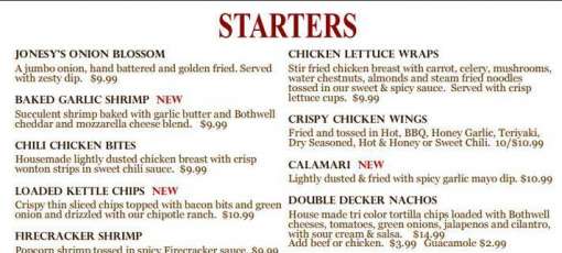 Menu for Jonesy's Restaurant + Lounge in East Saint Paul, MB | Sirved
