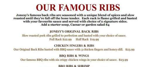 Menu for Jonesy's Restaurant + Lounge in East Saint Paul, MB | Sirved