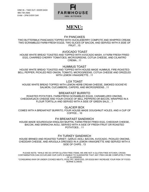 The FarmHouse Inn menu in Whitefish, Montana, USA