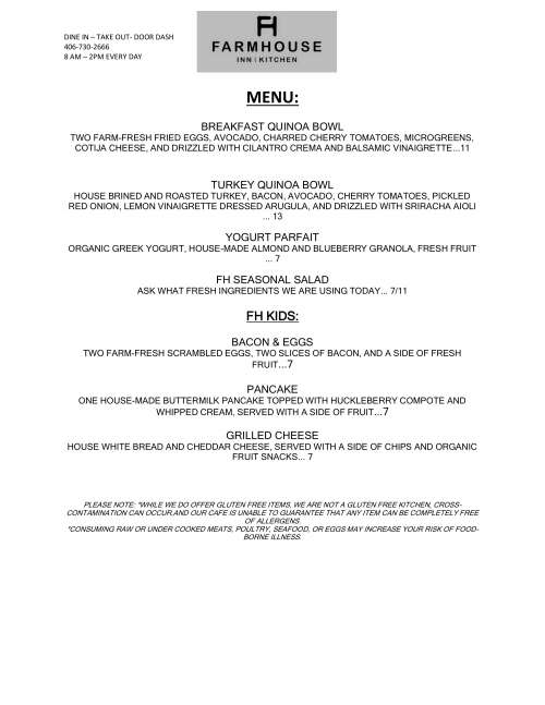 The FarmHouse Inn menu in Whitefish, Montana, USA