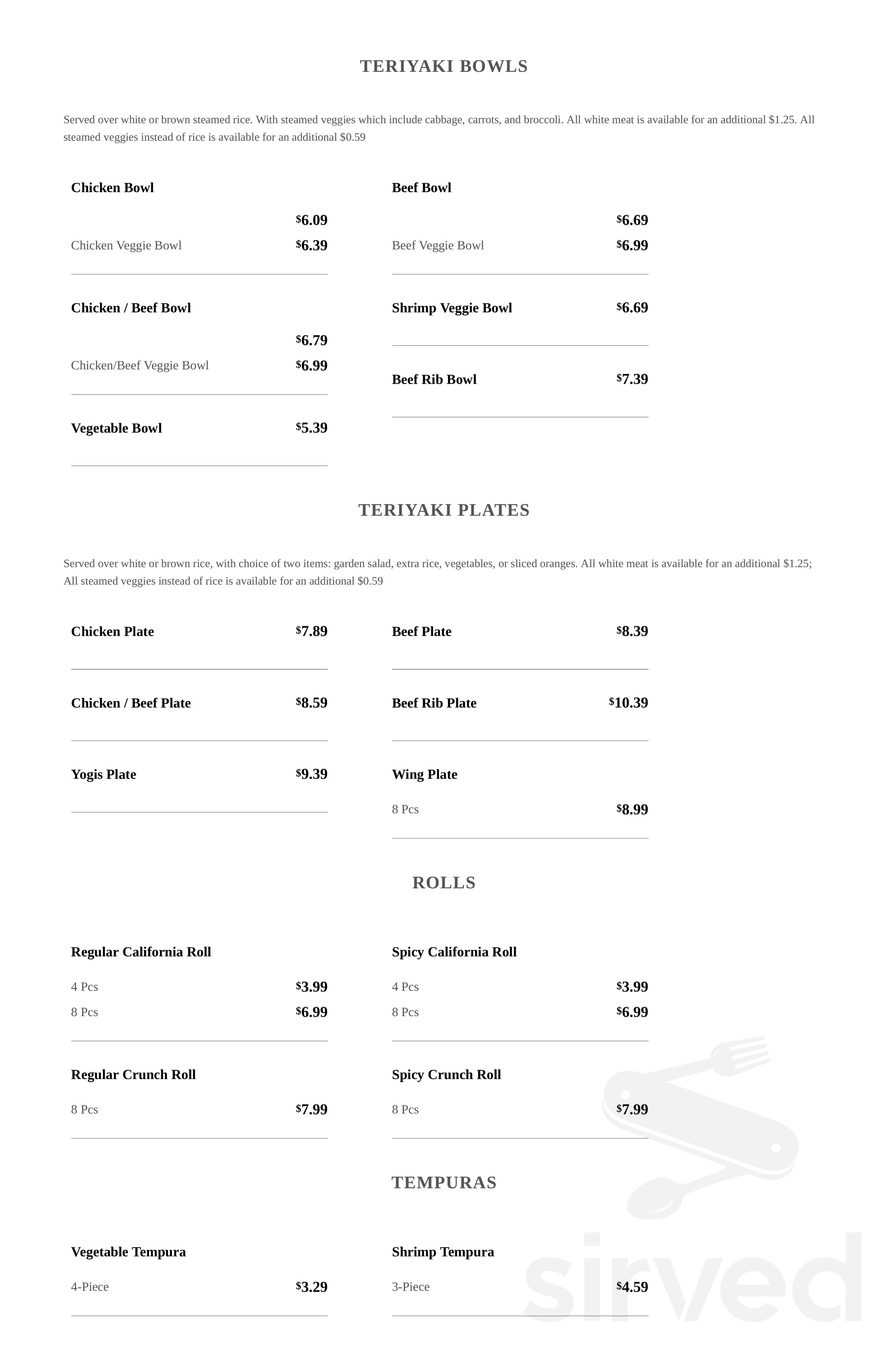 Menu for Yogis Teriyaki House in Las Vegas, NV | Sirved