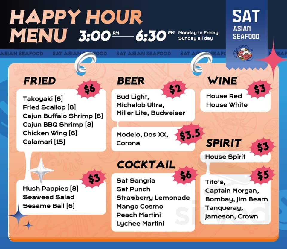 SAT Asian Seafood Restaurant & Bar menu in San Antonio, Texas, USA