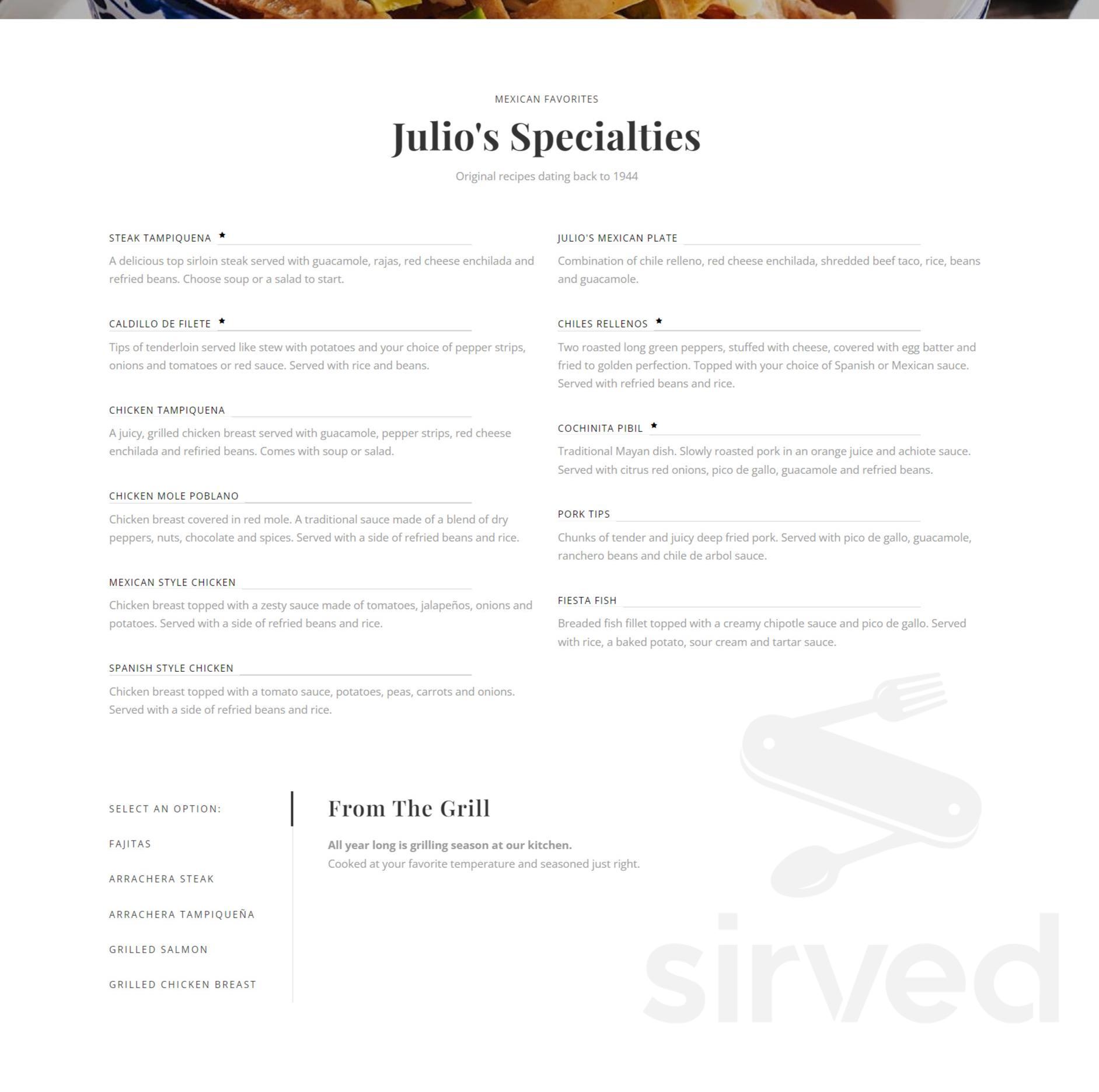 Menu - El Paso TX's Julio's Mexican Food | Sirved