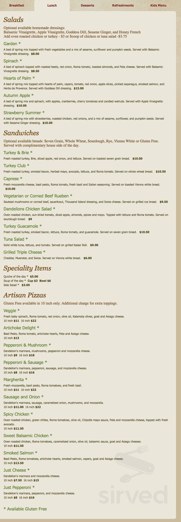 Dandelions Cafe menu in Evergreen, Colorado, USA