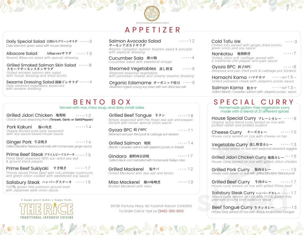 The Rice menu in Foothill Ranch, California, USA