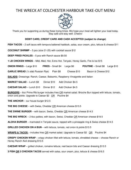 The Wreck at Colchester Harbour menu in Harrow, Ontario, Canada
