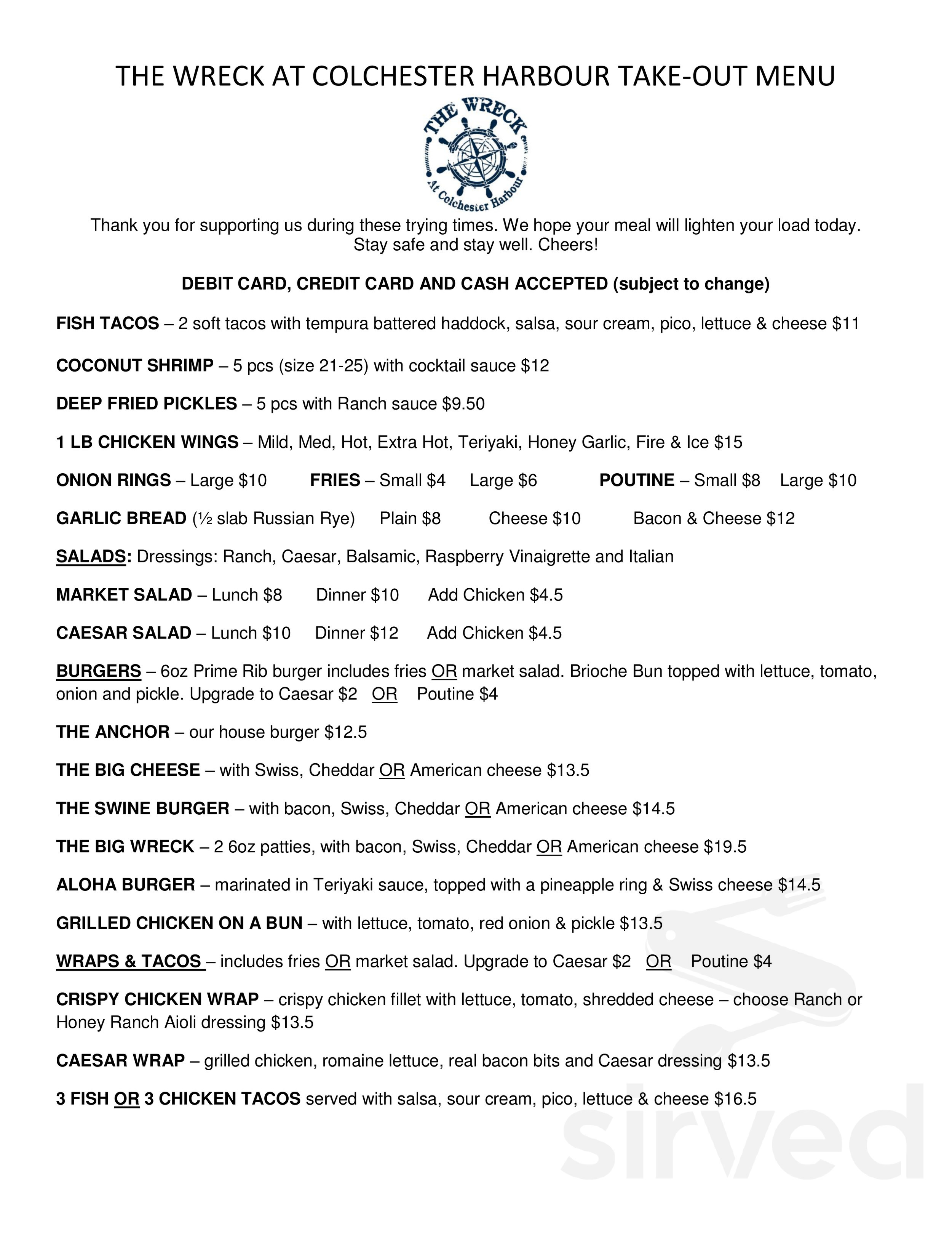 The Wreck at Colchester Harbour menu in Harrow, Ontario, Canada