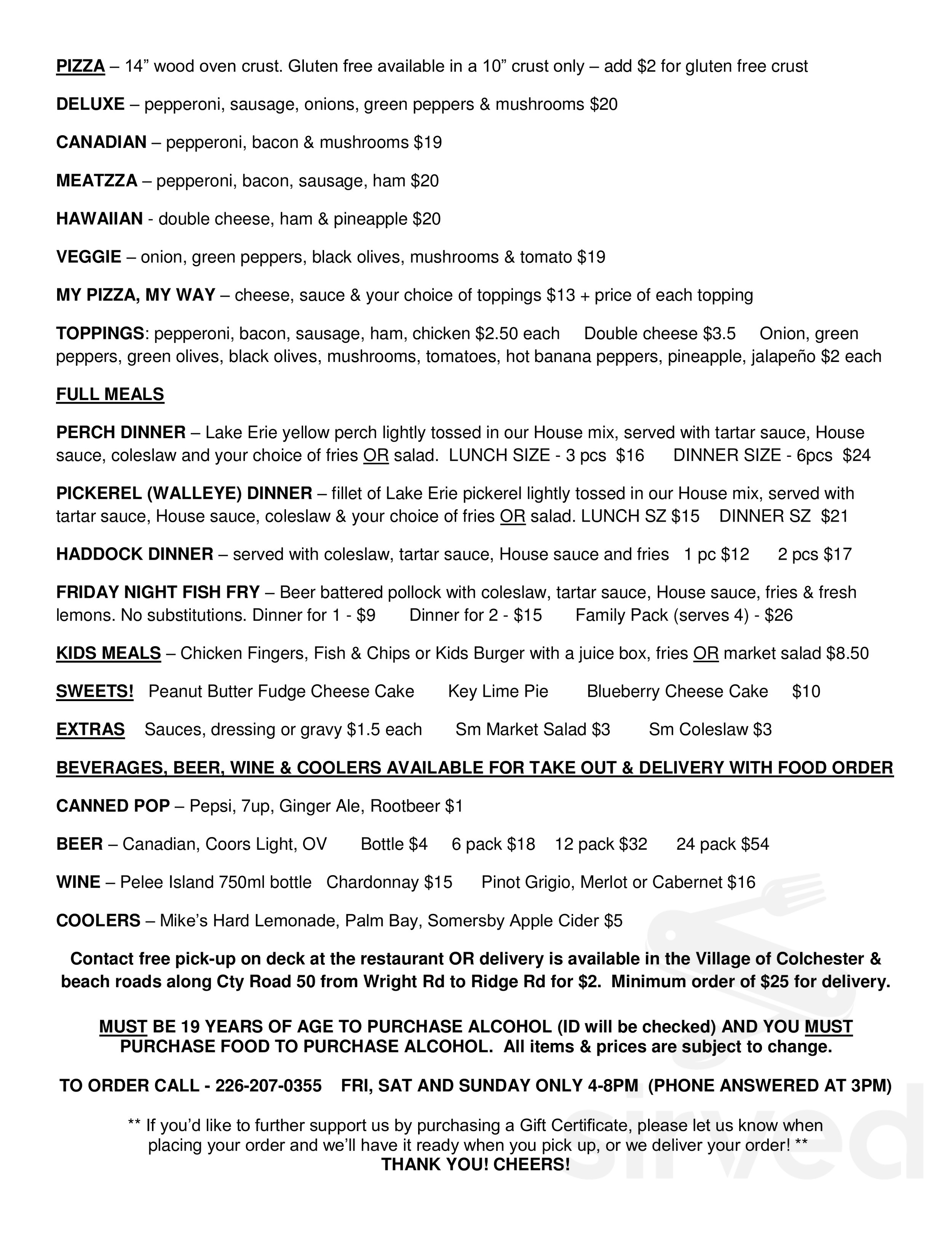 The Wreck at Colchester Harbour menu in Harrow, Ontario, Canada