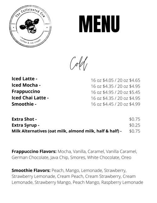 The Caffeinated Cow menu in Cheraw, South Carolina, USA