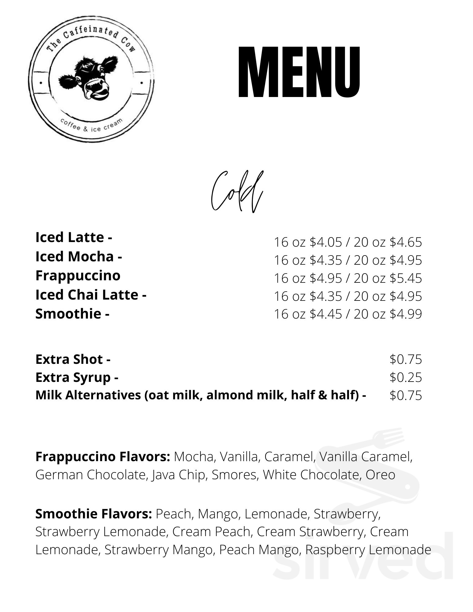 The Caffeinated Cow menu in Cheraw, South Carolina, USA