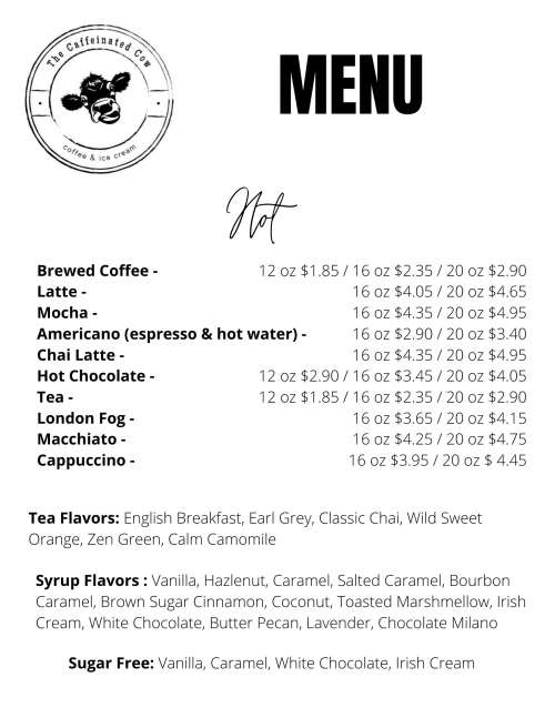 The Caffeinated Cow menu in Cheraw, South Carolina, USA