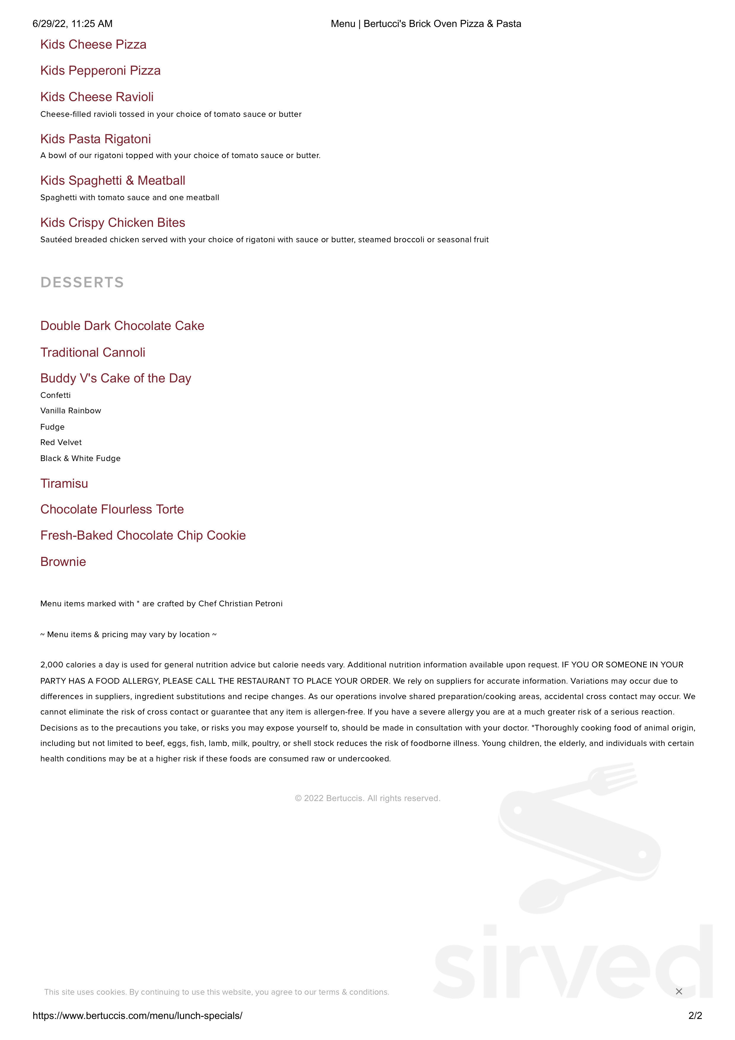 Menu - Reading MA's Bertucci's Italian Restaurant | Sirved
