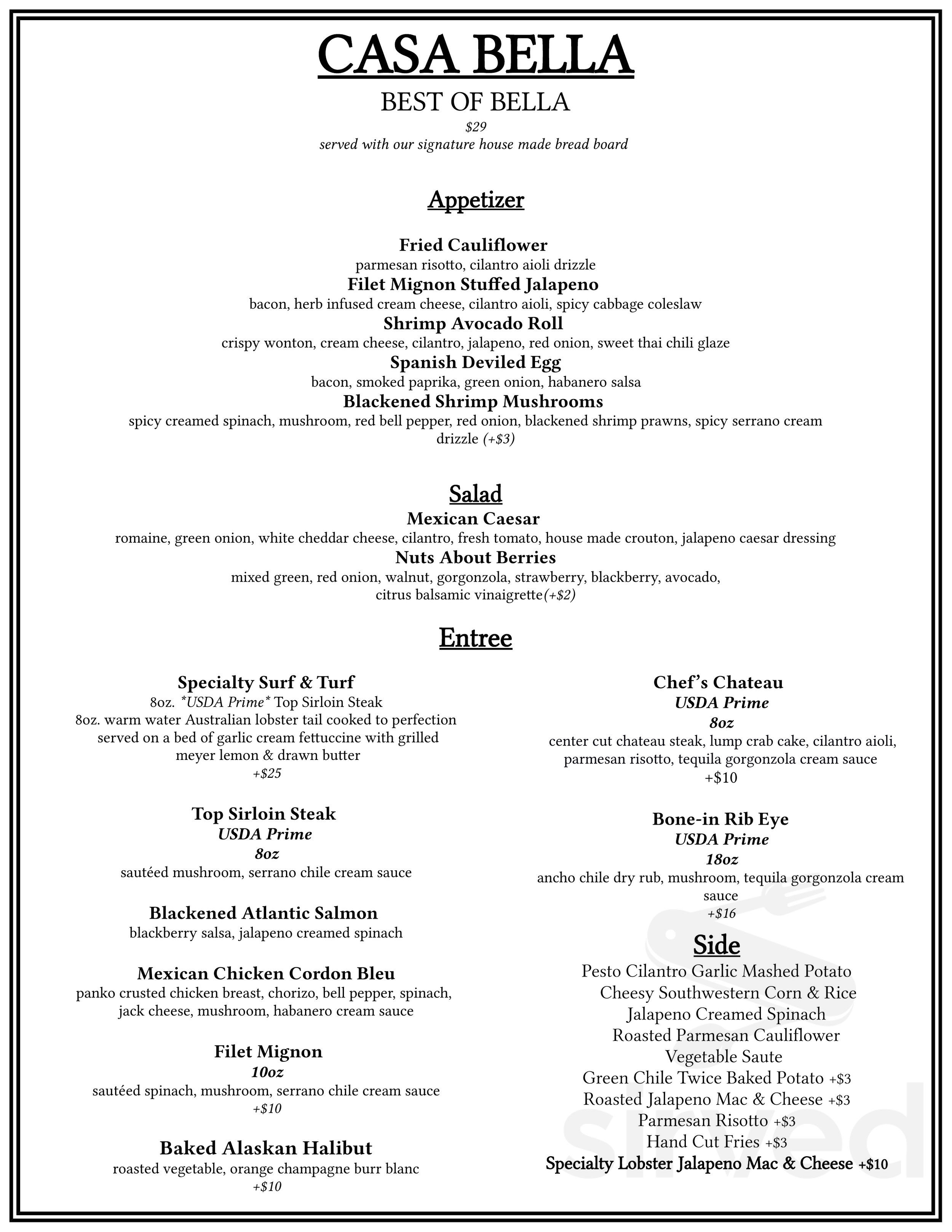 Casa Bella menu in Ventura, California, USA