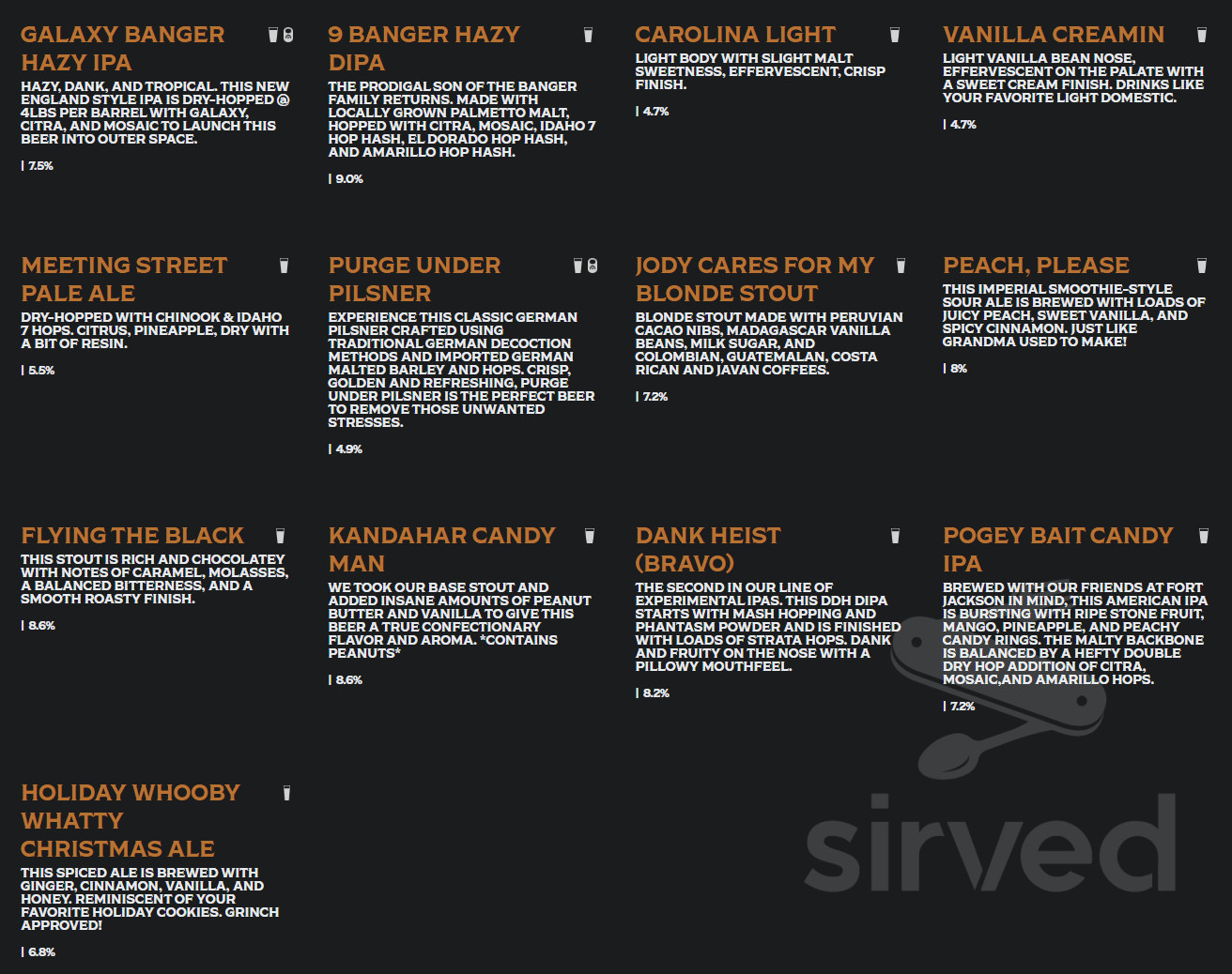 Savage Craft Ale Works menu in West Columbia, South Carolina, USA