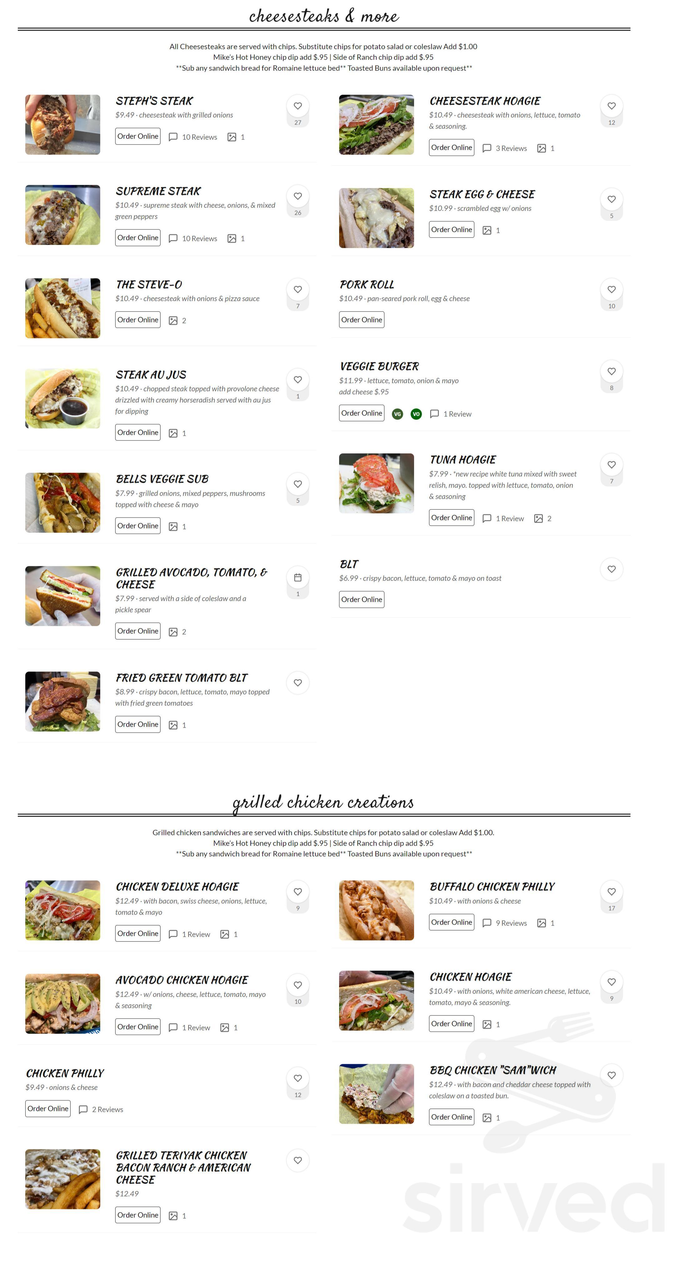 Steph's Steaks menu in Walhalla, South Carolina, USA