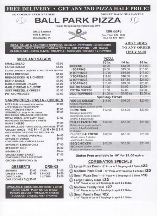 Ball Park Pizza & Eatery menu in Indianapolis, Indiana, USA
