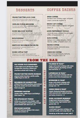 The Portland Ale House menu in Portland, Connecticut, USA