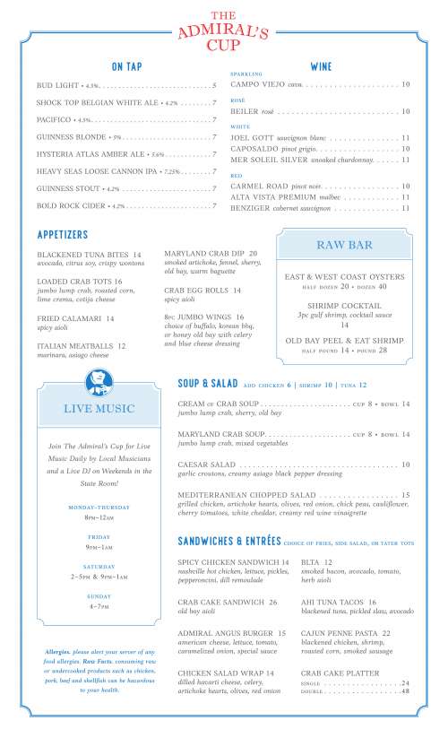 The Admiral's Cup menu in Baltimore, Maryland, USA