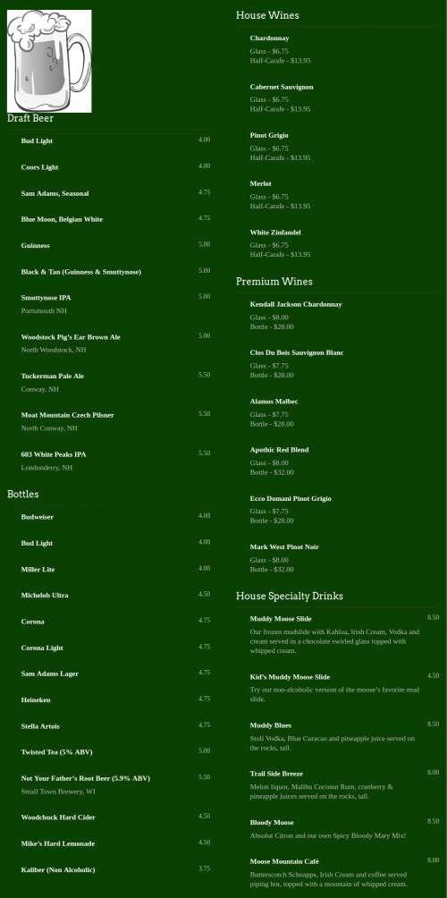 Muddy Moose Restaurant & Pub menu in North Conway, New Hampshire, USA