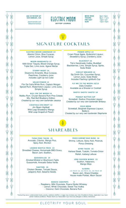 Electric Moon Skytop Lounge + Moon Deck menu in Savannah, Georgia, USA