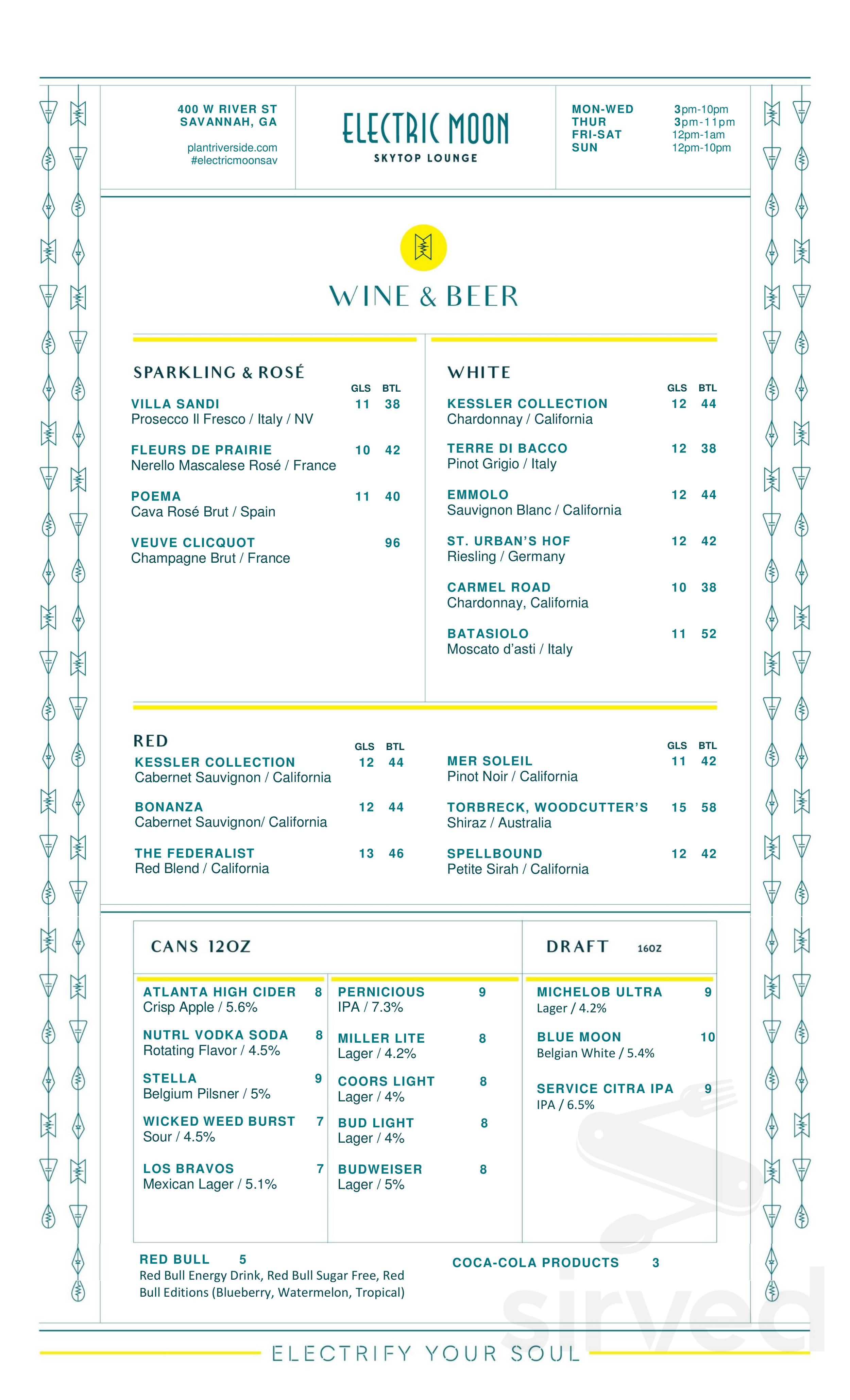 Electric Moon Skytop Lounge + Moon Deck menu in Savannah, Georgia, USA