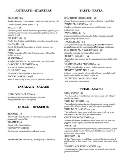 La Cucina Ristorante menu in Saskatoon, Saskatchewan, Canada