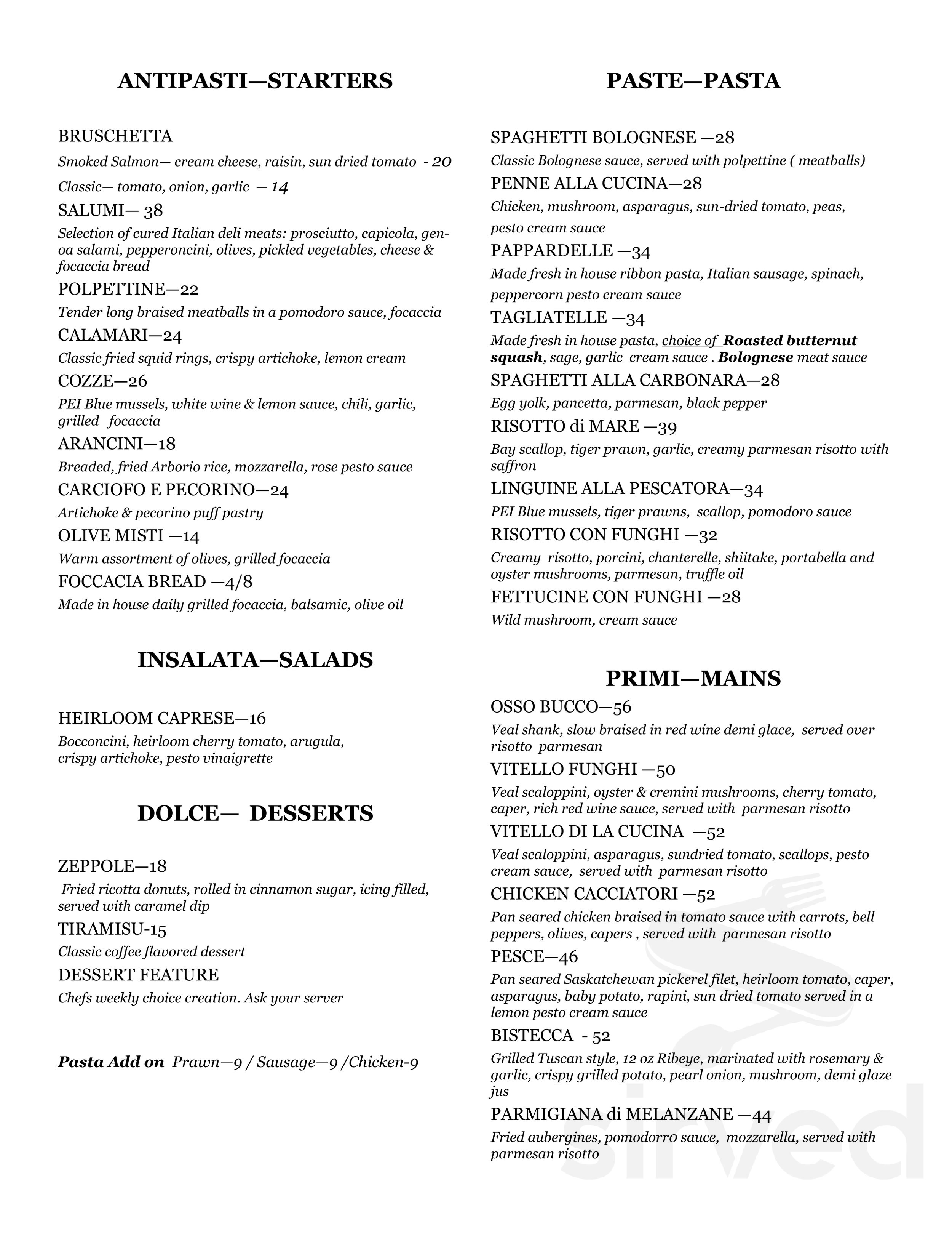 La Cucina Ristorante menu in Saskatoon, Saskatchewan, Canada