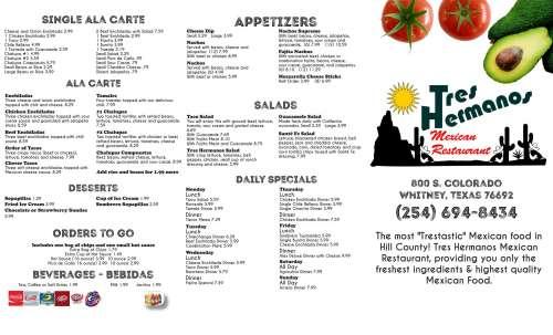 Tres Hermanos menu in Whitney, Texas, USA