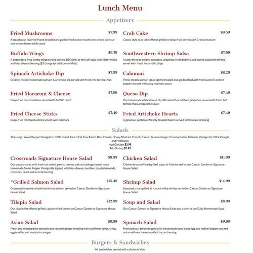 Crossroads Bar And Grille menu in Flowery Branch, Georgia, USA